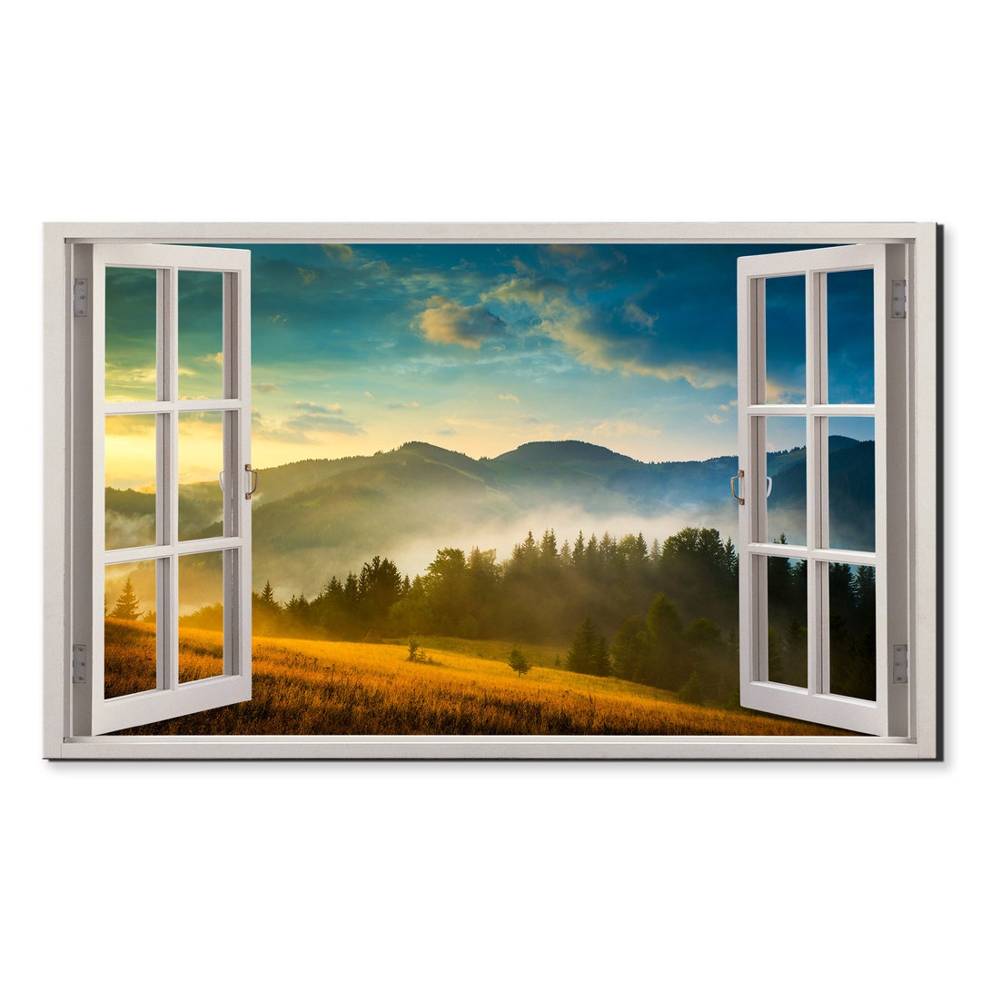 Sunset Over Mountains Lake Window View, Window Frame Style Modern ...