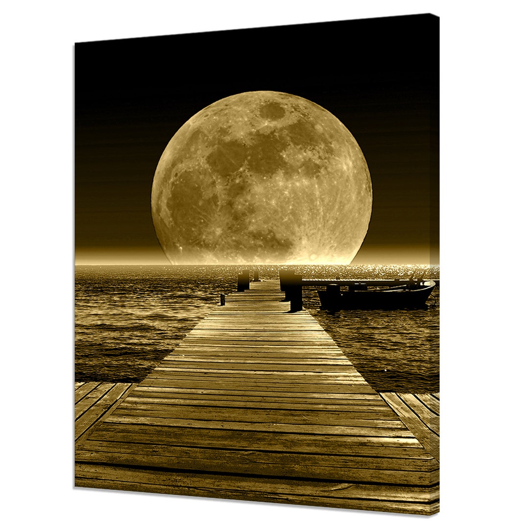 Rising Moon Over the Ocean Dock Modern Design Canvas Print Home Decor ...