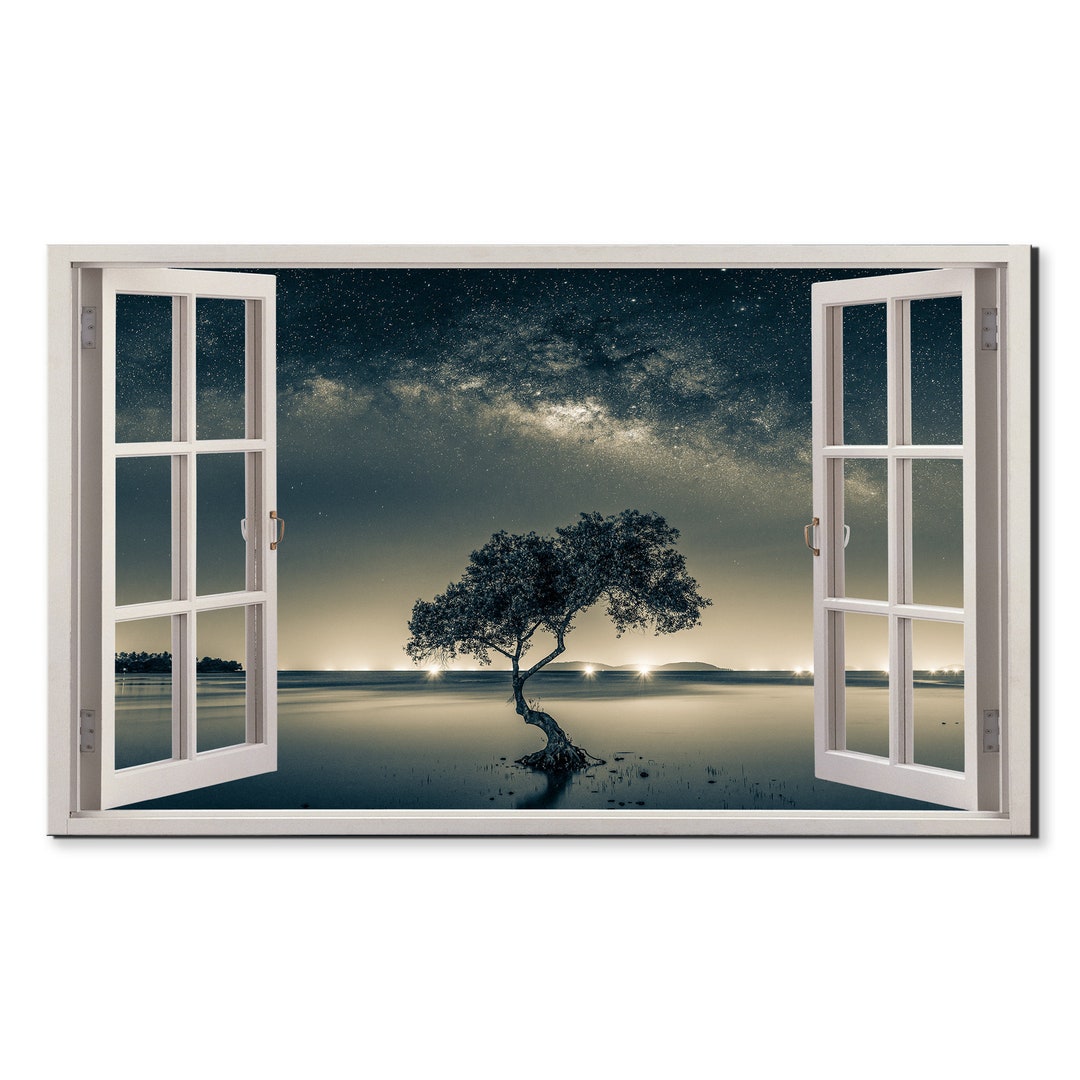 Starry Night Over the Tree Lake Window View, Window Frame Style Modern ...