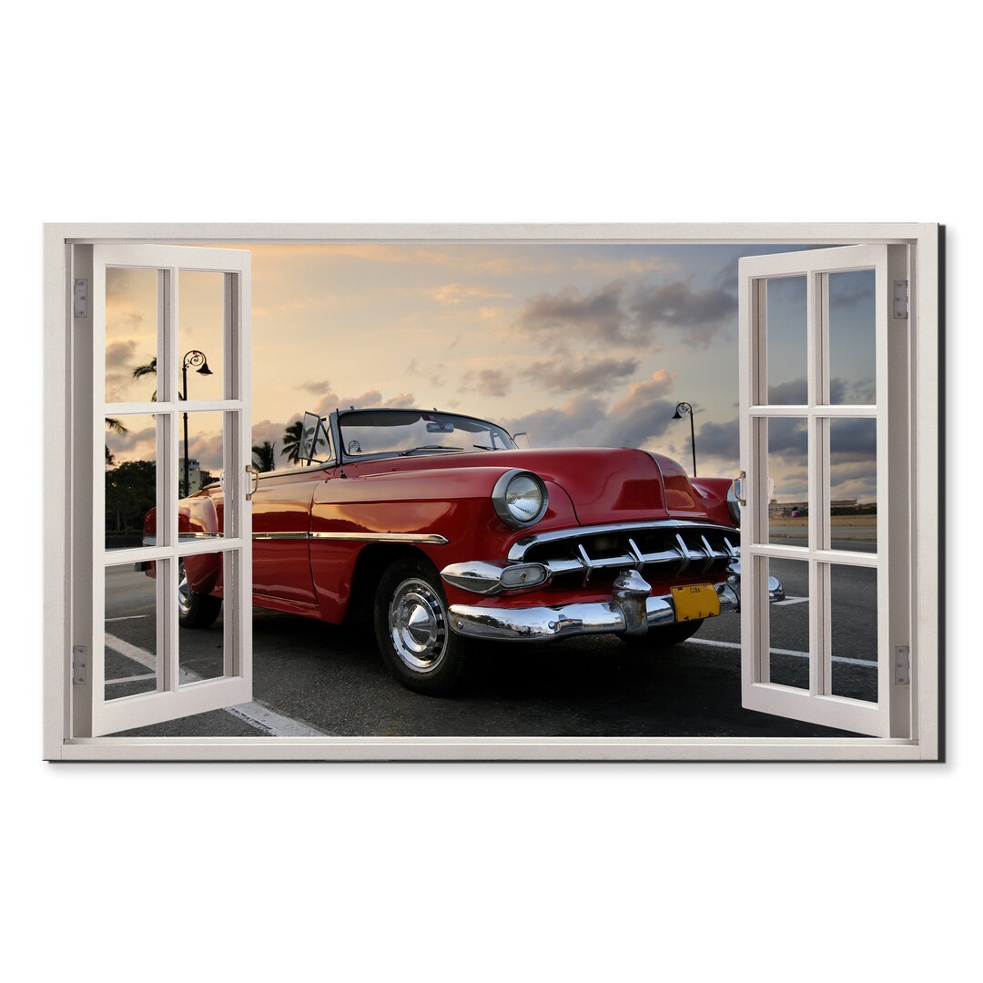 Red Vintage Classic Car Window View, Window Frame Style Modern Design ...