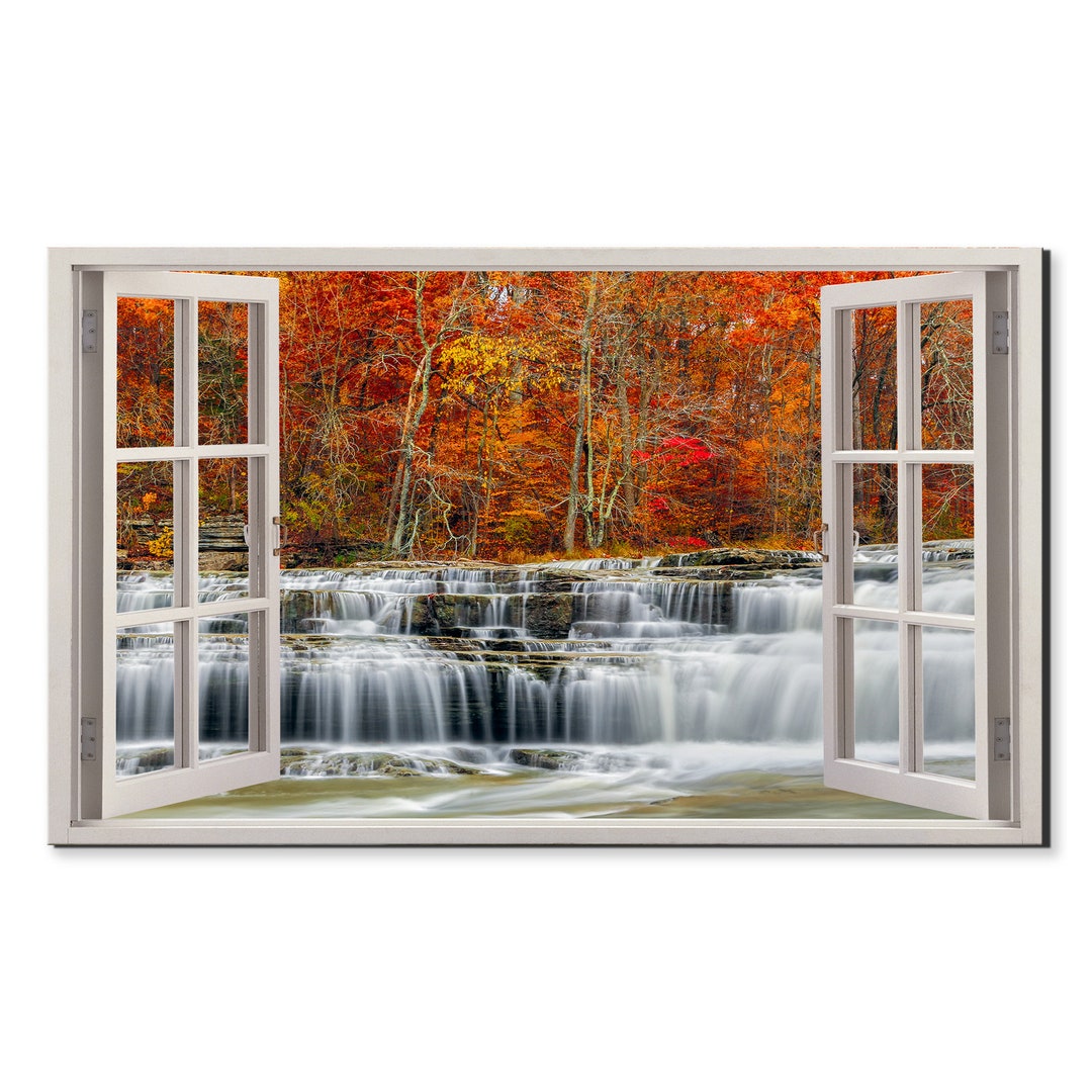 Autumn Falls Waterfal Window View, Window Frame Style Modern Design ...