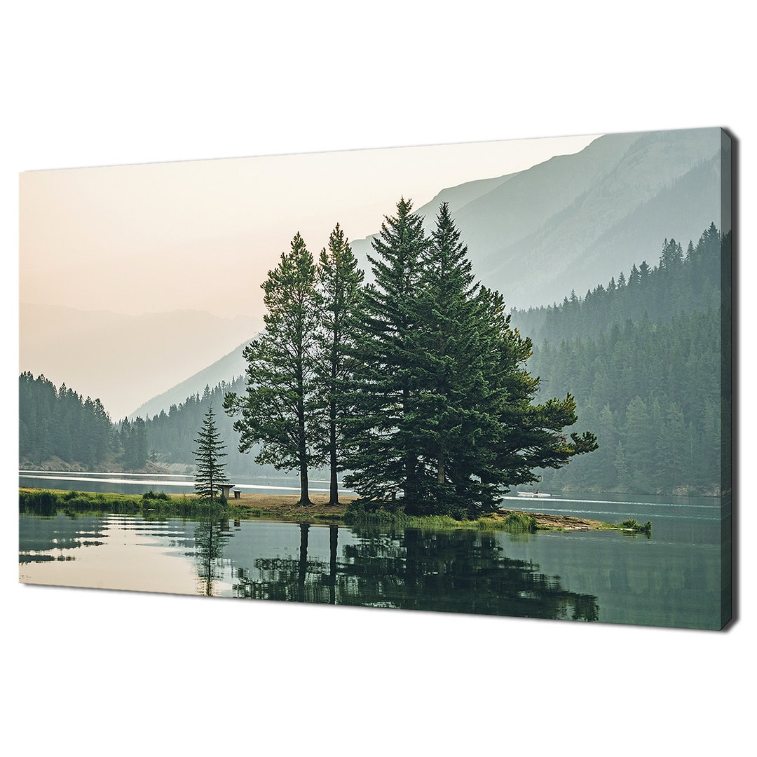 Green Cedar Trees With Reflection in the Lake Calm Modern Design Canvas ...