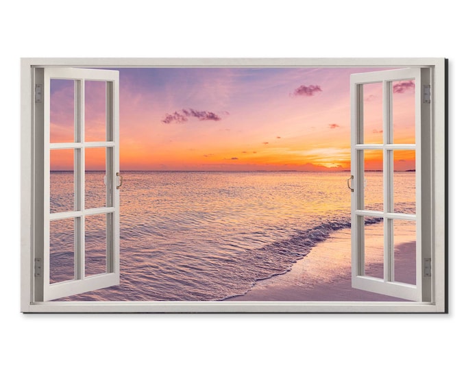 Pink Sunset Over the Ocean Window View, Window Frame Style Modern ...