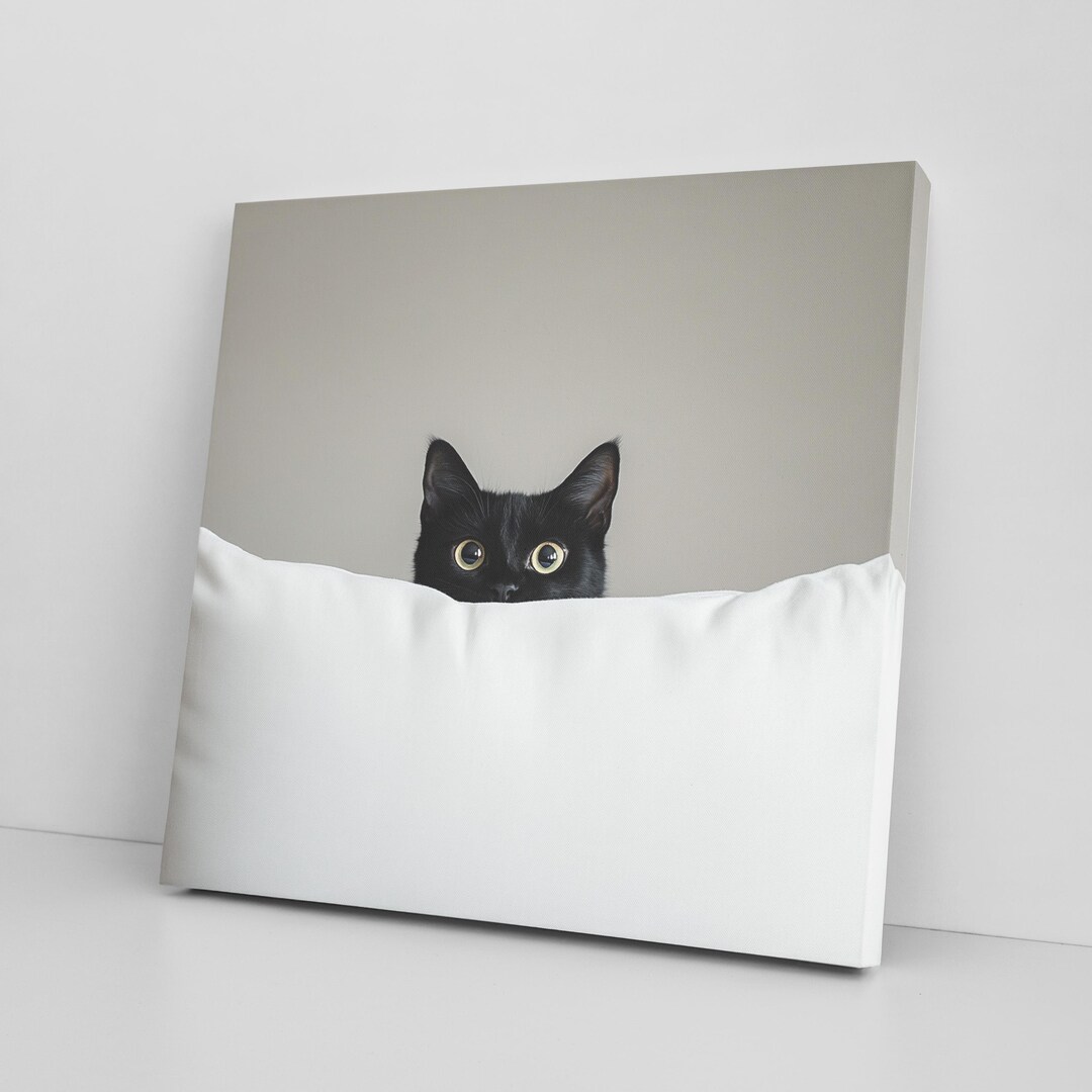 Black Cat Peaking From Behind the Pillow Canvas Print, Cute Pet Lover ...