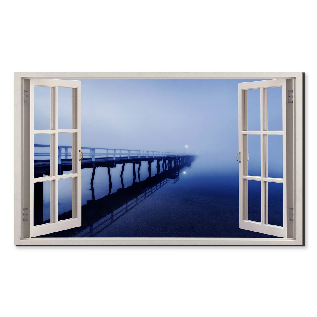 Blue Dock on Foggy Lake Window View, Window Frame Style Modern Design ...