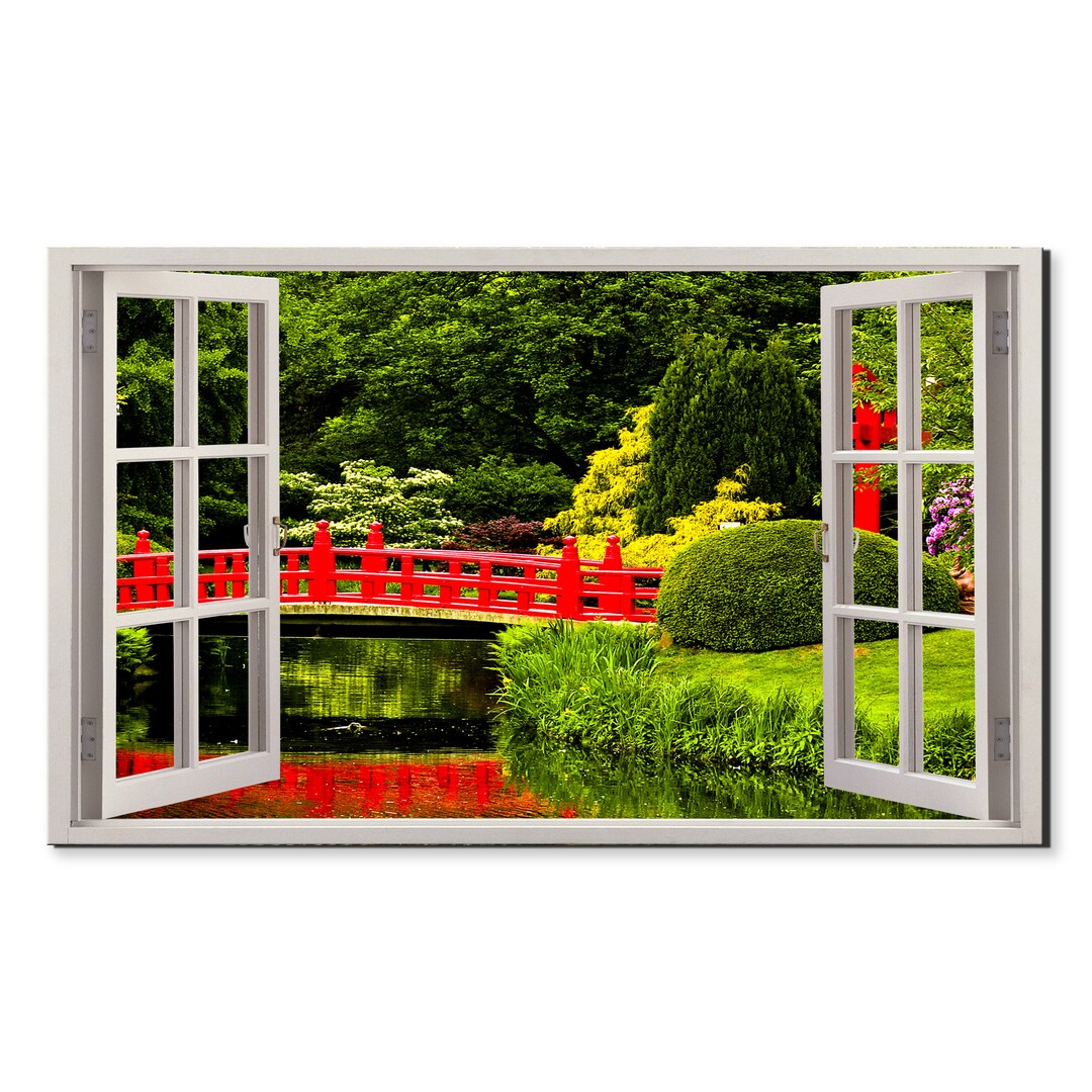 Red Bridge in Japanese Garden Window View, Window Frame Style Modern ...