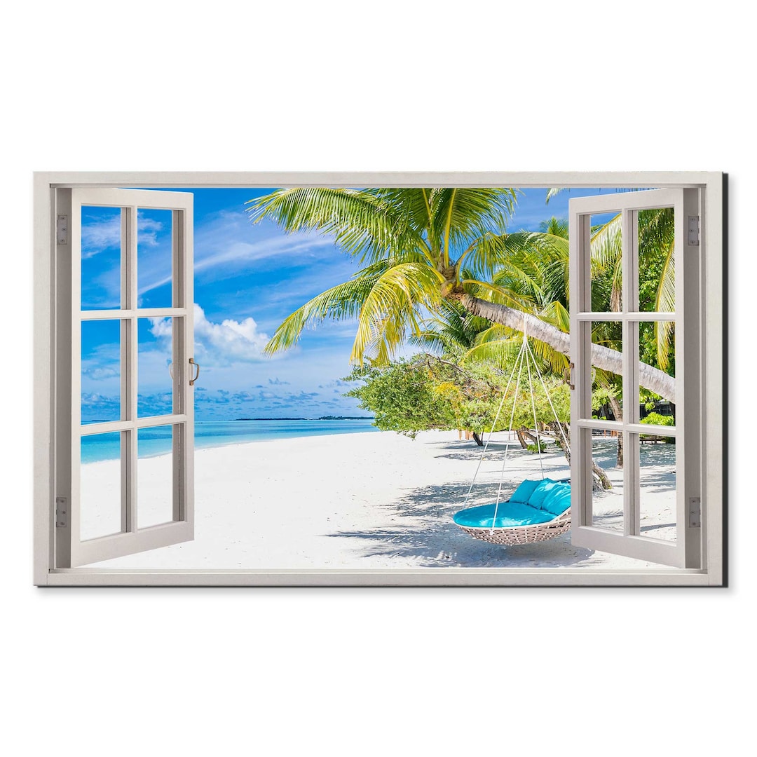 Tropical Island With the Beach Swing Palm Window View, Window Frame ...