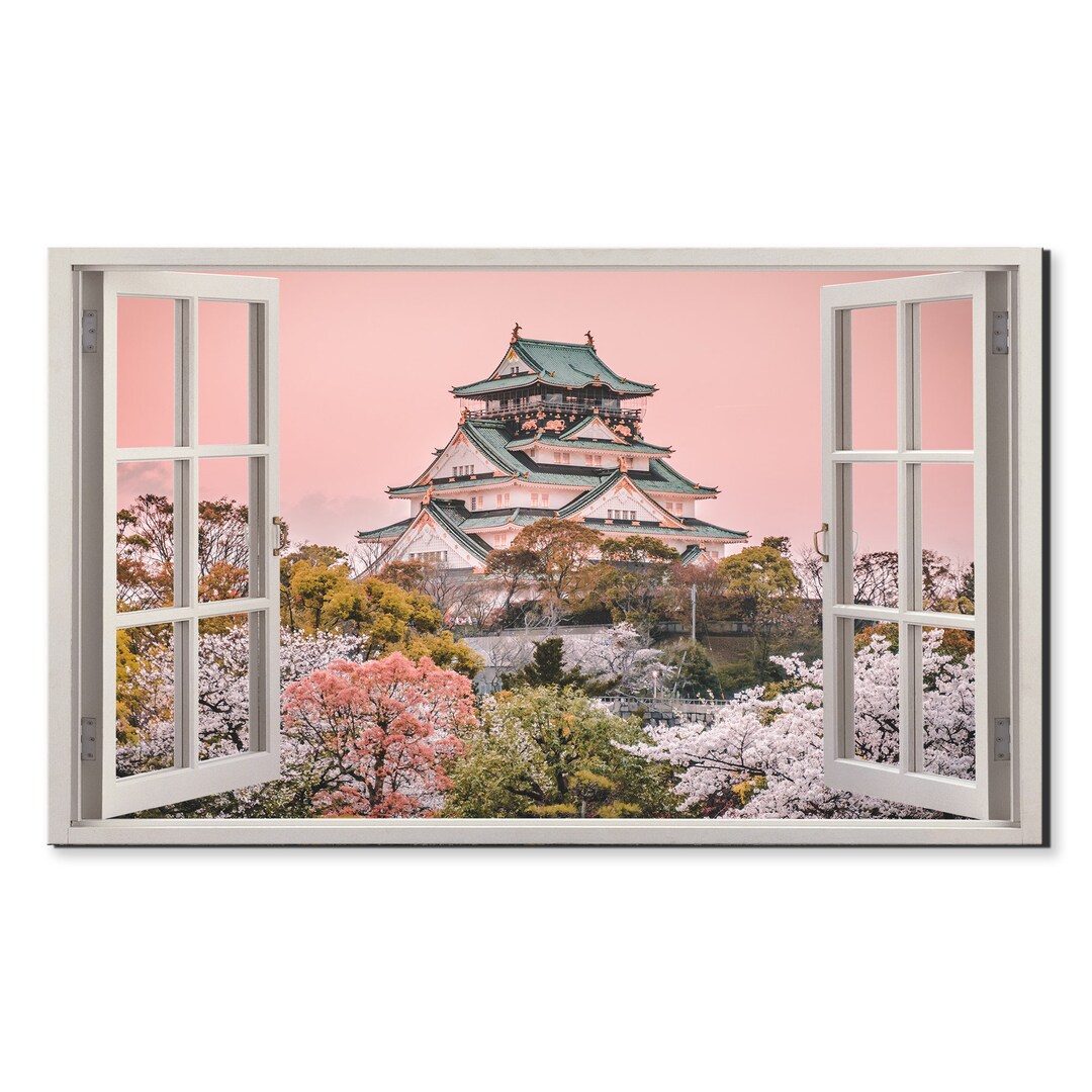 Osaka Castle With Pink Cherry Blossom Window View, Window Frame Style ...