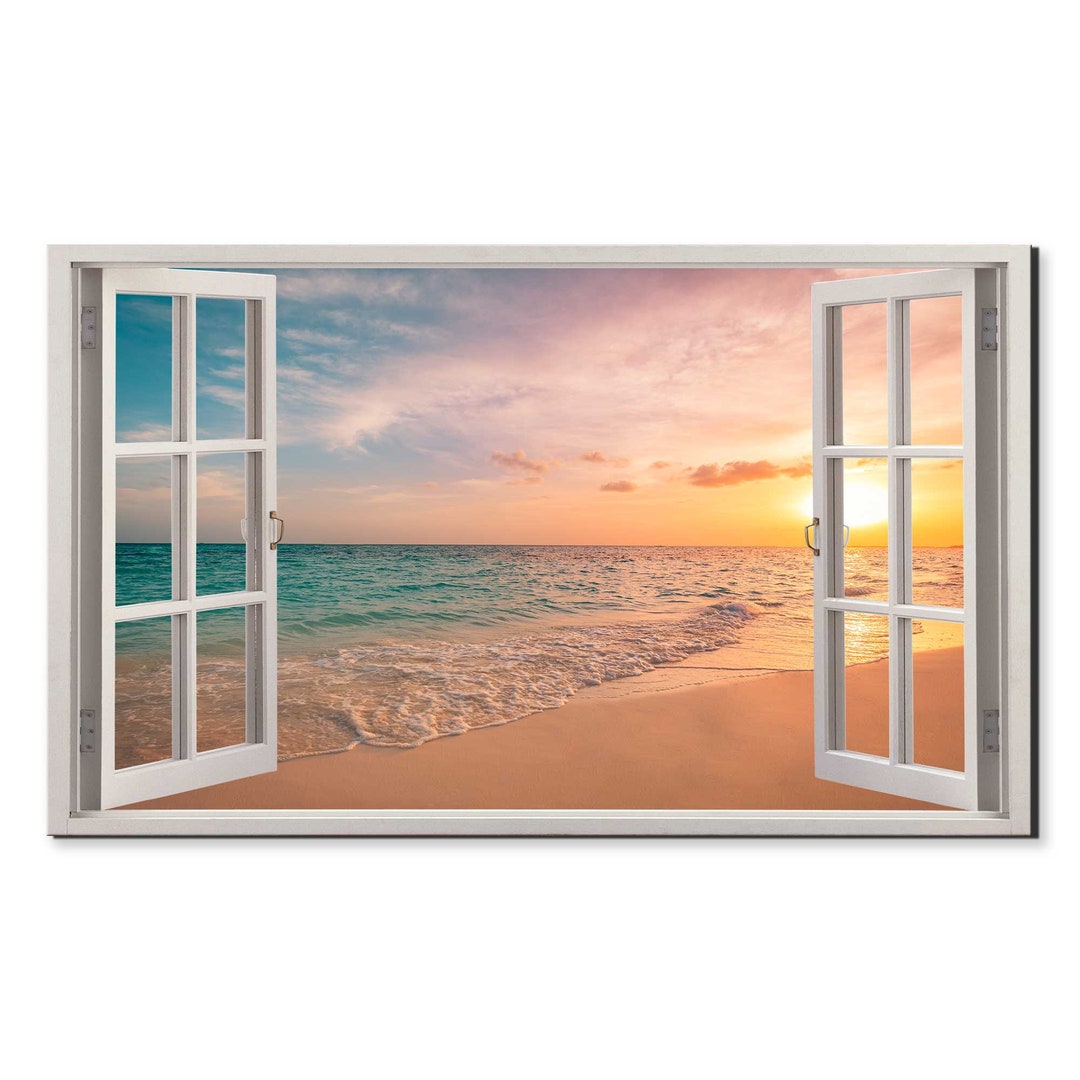 Stunning Sunset Over the Ocean Beach Window View, Window Frame Style ...