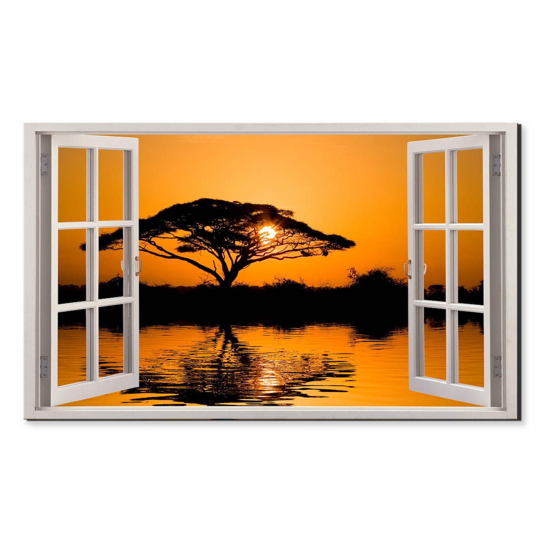 African Acacia Tree at Sunrise Window View, Window Frame Style Modern ...