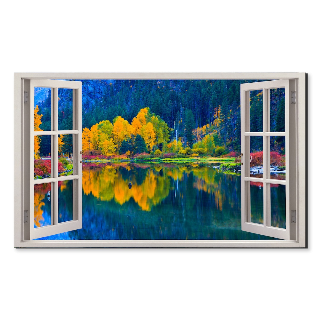 Beautiful Colourful Fall Trees Lake Window View, Window Frame Style ...