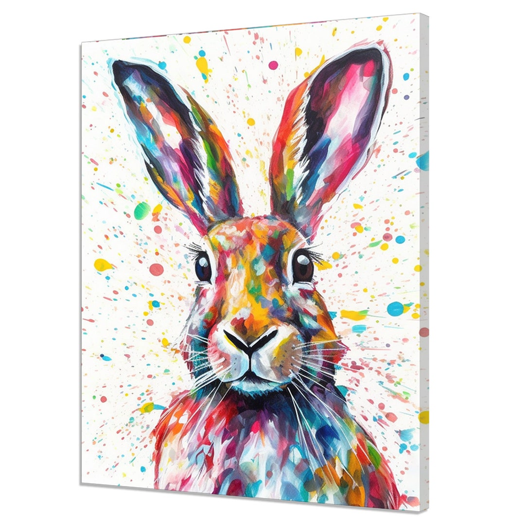 Colourful Hare Rabbit Wall Art Print, Watercolour Painting Style Animal ...
