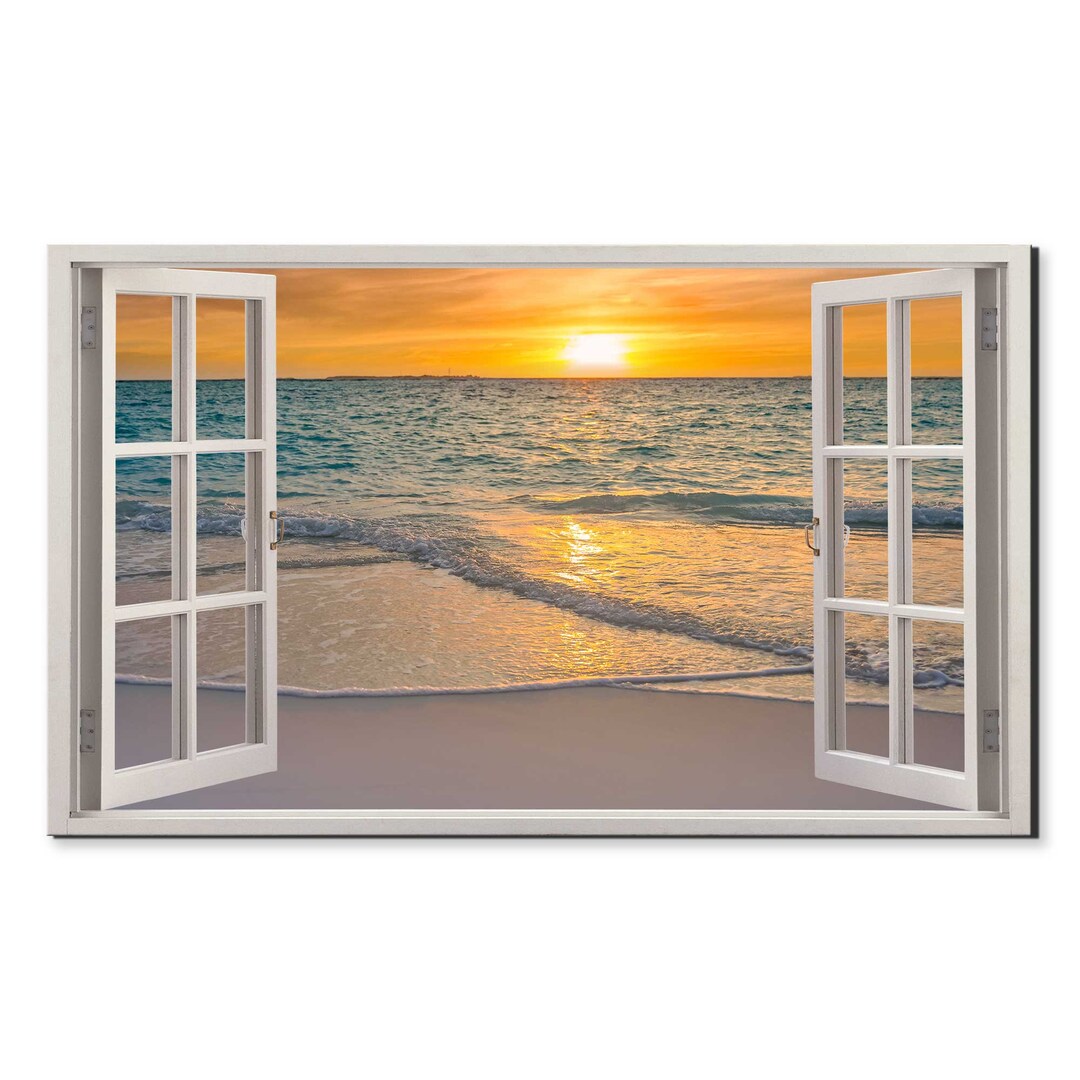 Golden Sunset Over the Ocean Beach Window View, Window Frame Style ...