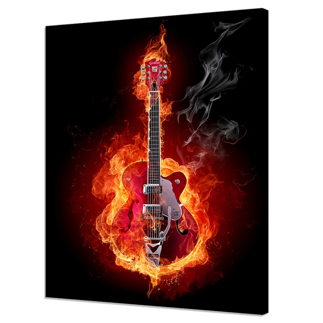Red Electric Guitar on Fire Music Instrument Modern Design Home Decor ...
