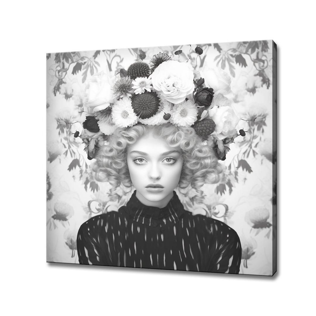 Black White Flowers Woman Head Canvas Print, Rococo Flowers Wall Art ...