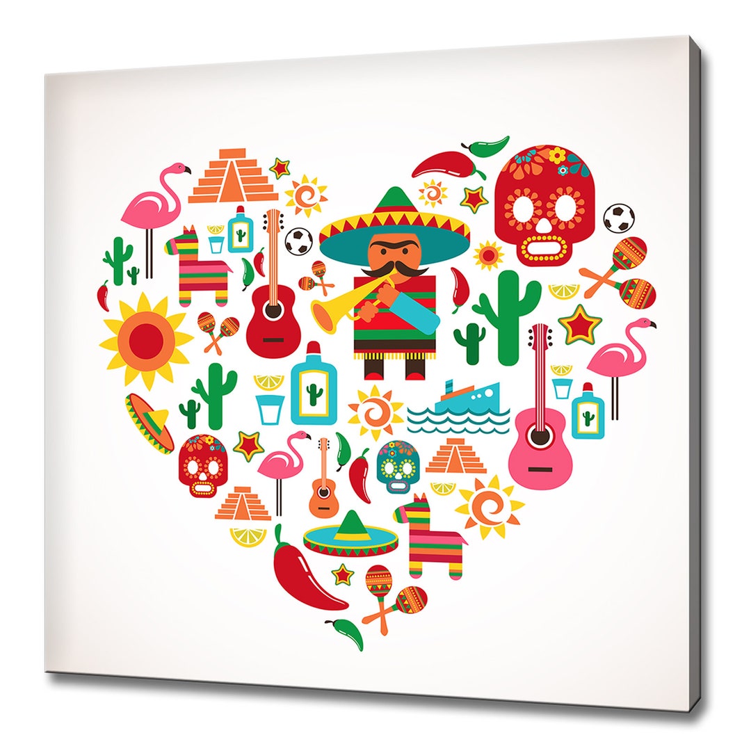 Symbols Map of Mexico Heart Abstract Modern Design Home Decor Canvas ...