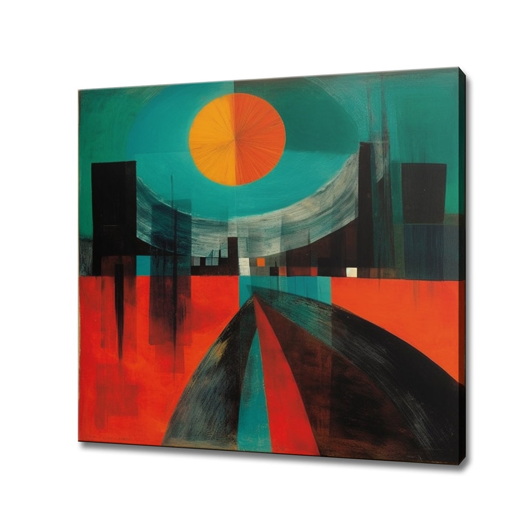 Abstract Orange Moon Over City Painting Style Canvas Print, Colourful ...