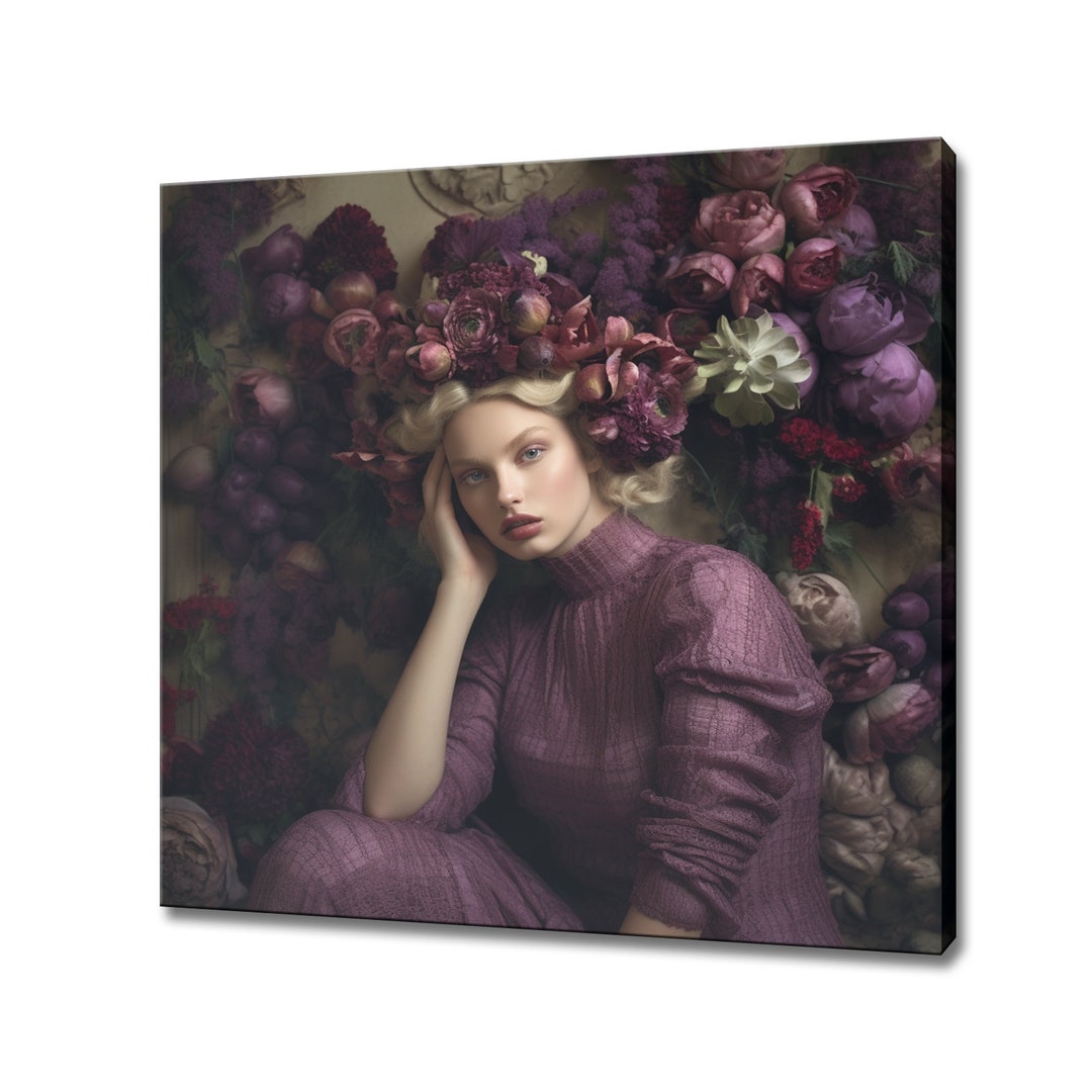 Aubergine Purple Flowers Woman Head Canvas Print, Rococo Flowers Wall ...