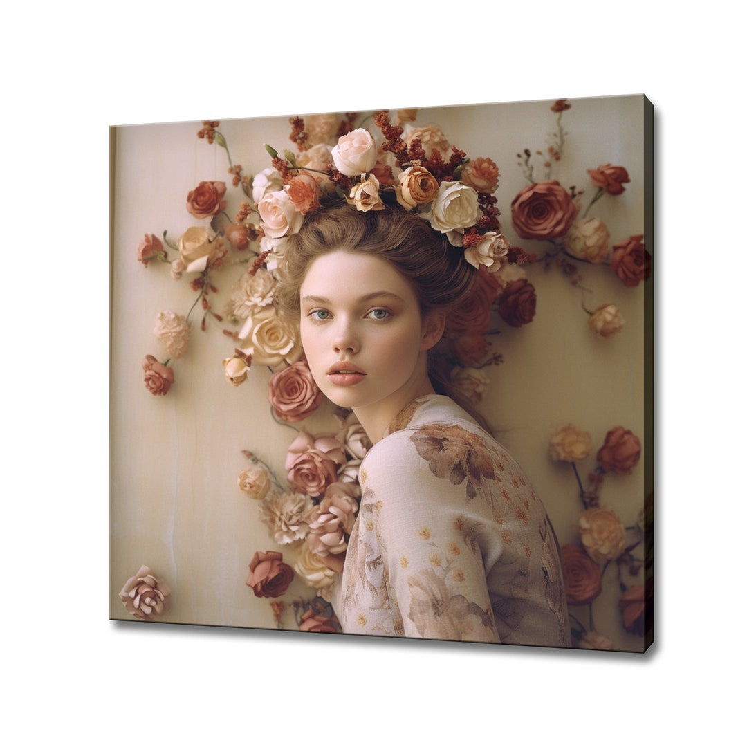 Braune Pfirsich Blumen Frauenkopf Leinwanddruck, Rokoko Blumen ...