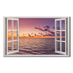 Beautiful Sunset Over the Wavy Ocean Window View, Window Frame Style ...