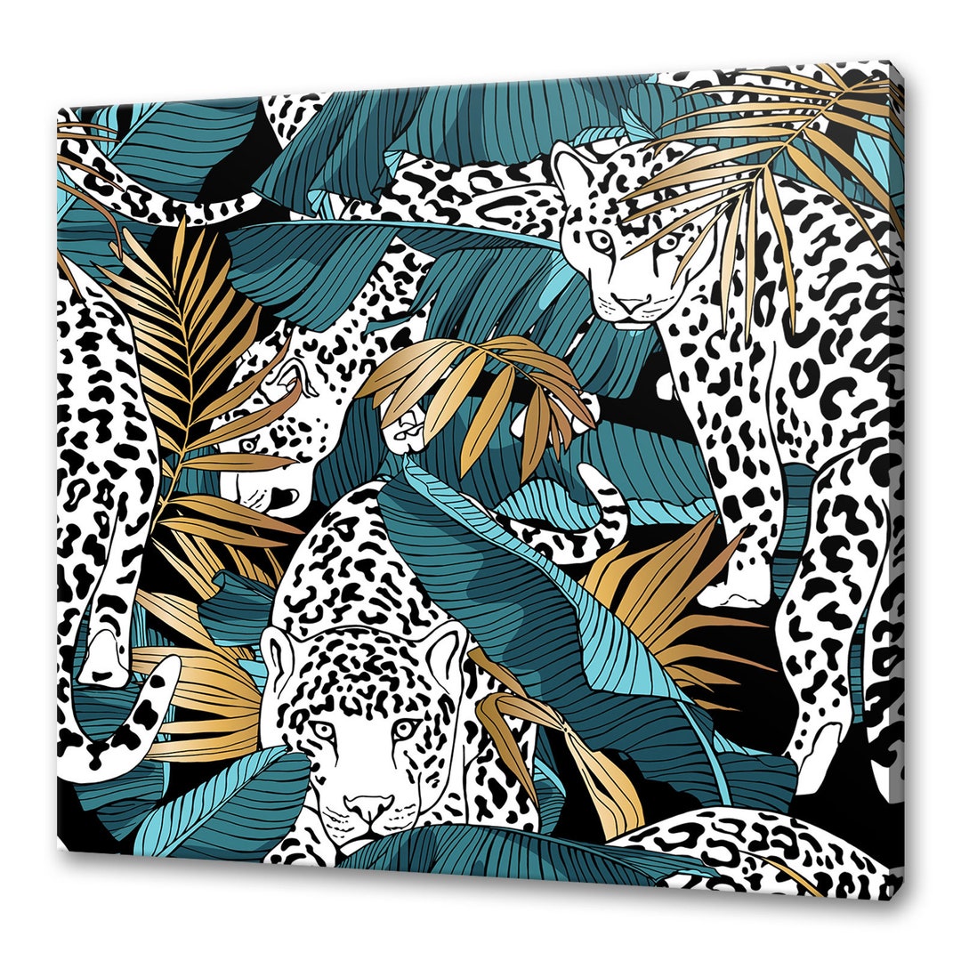 Blau Grün Gold Tropische Bananenblätter Jaguare Modernes Design Wohnkultur Leinwand Druck Wand ...