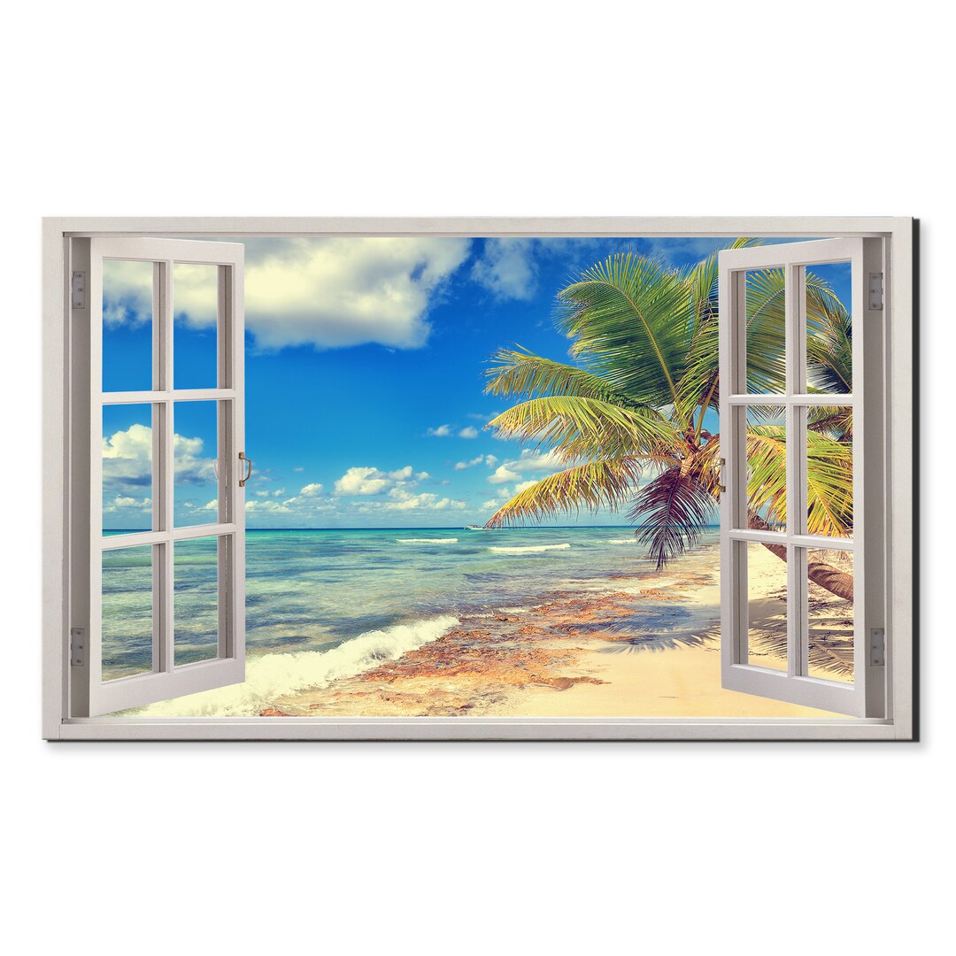 White Sandy Tropical Beach Palm Trees Window View, Window Frame Style ...