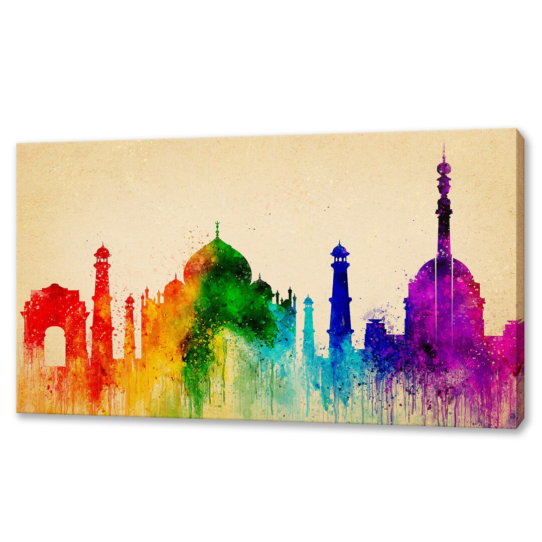 Delhi Colourful Skyline Landmarks Watercolour Painting Style Modern ...