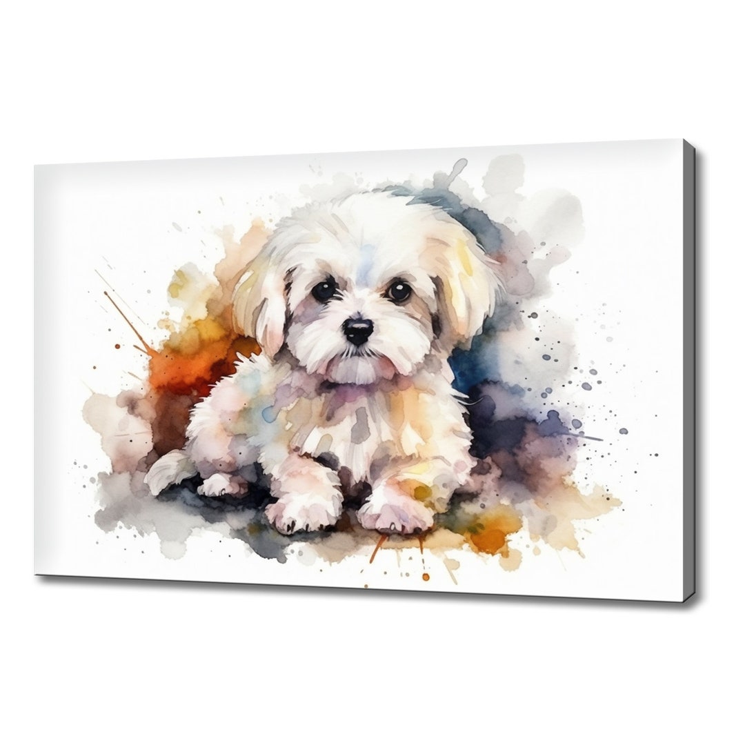 Cute Maltese Puppy Dog Watercolour Canvas Print Art, Modern Design Home ...