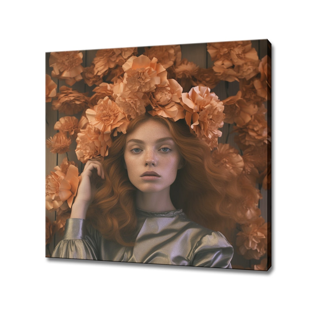Beautiful Copper Flowers Woman Head Canvas Print, Rococo Flowers Art ...