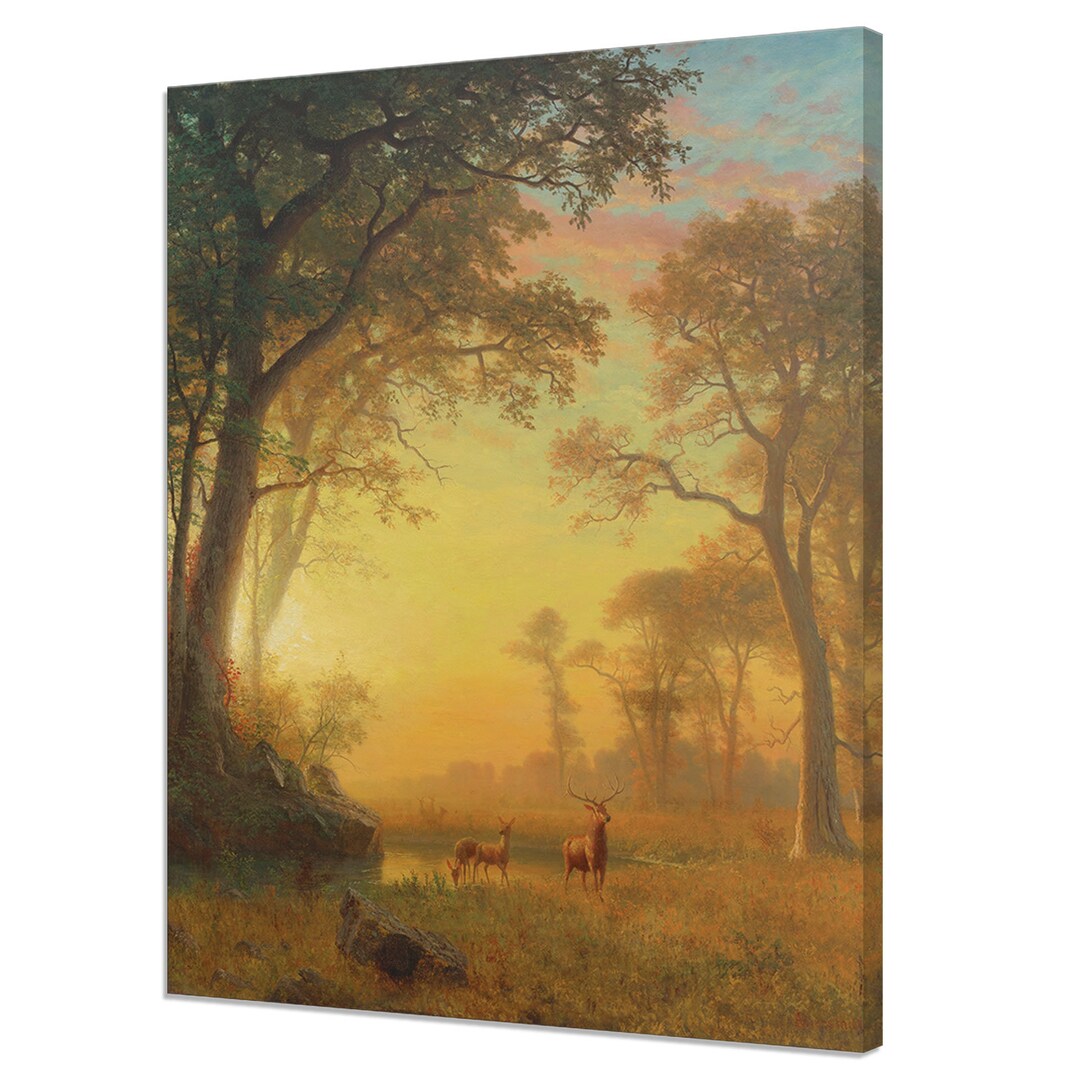 Victorian Sunset Deer Landscape Painting, Vintage Oil Painting Canvas ...