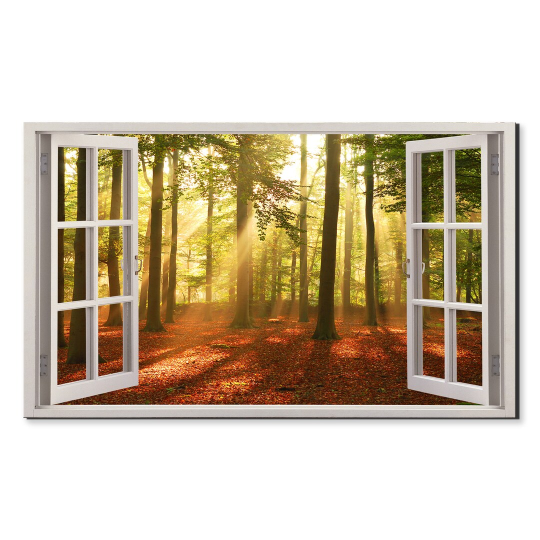 Sunbeams Shining Thrugh Forest Trees Window View, Window Frame Style ...