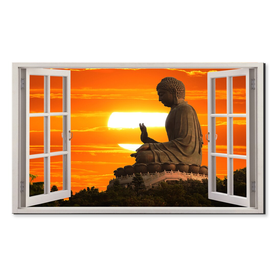 Tian Tan Giant Buddha at Sunset Window View, Window Frame Style Modern ...