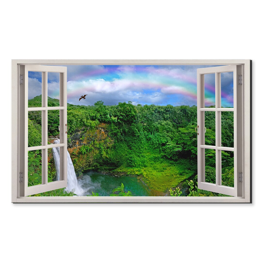 Rainbow Waterfall in Hawaii Window View, Window Frame Style Modern ...