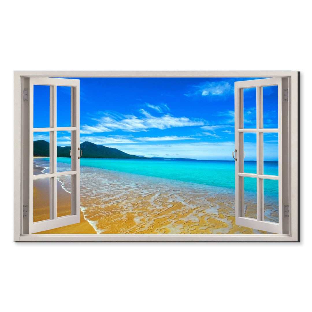 Ocean and Paradise Beach Window View, Window Frame Style Modern Design ...