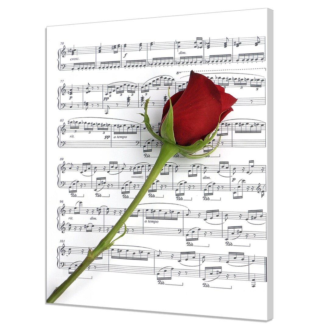 Red Rose Flower Stem on Music Notes Modern Design Canvas Print Home ...