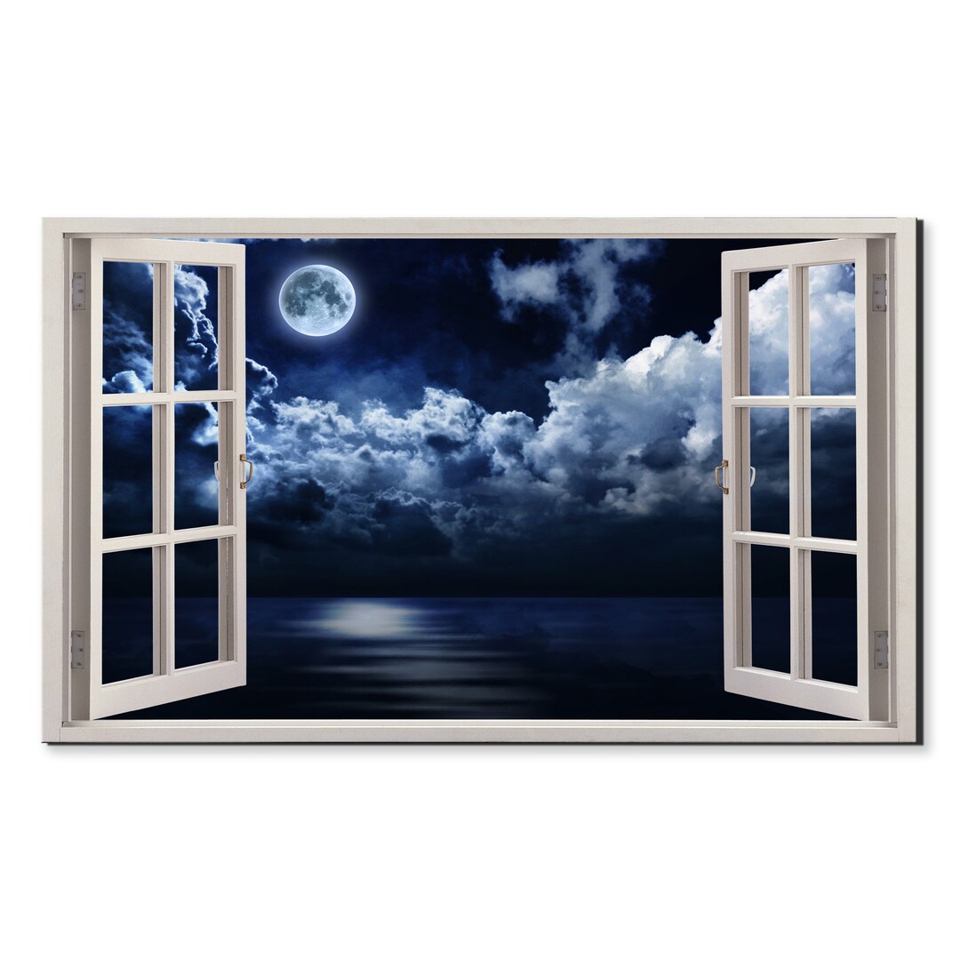 Full Moon at Blue Cloudy Night Window View, Window Frame Style Modern ...