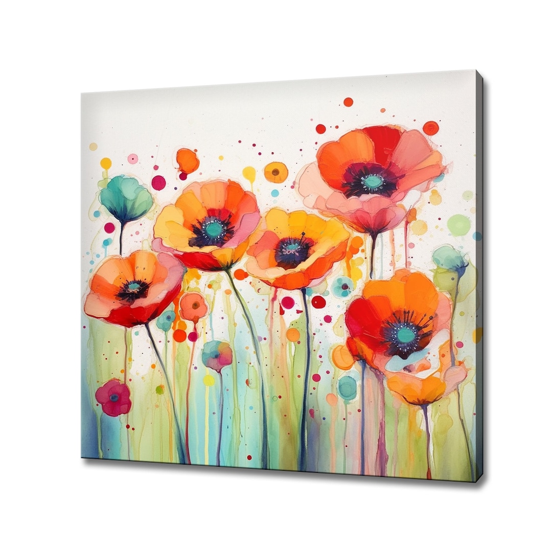 Rot Orange Abstrakte Mohnblumen Wiese Aquarell Malerei Stil Leinwand Druck, Modernes Blumen ...