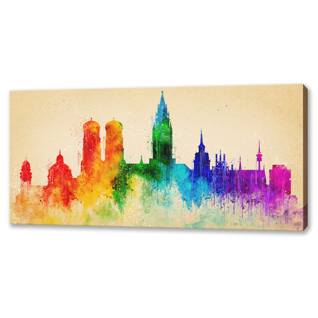 Munich City Germany Colourful Skyline Landmarks Watercolour Painting ...