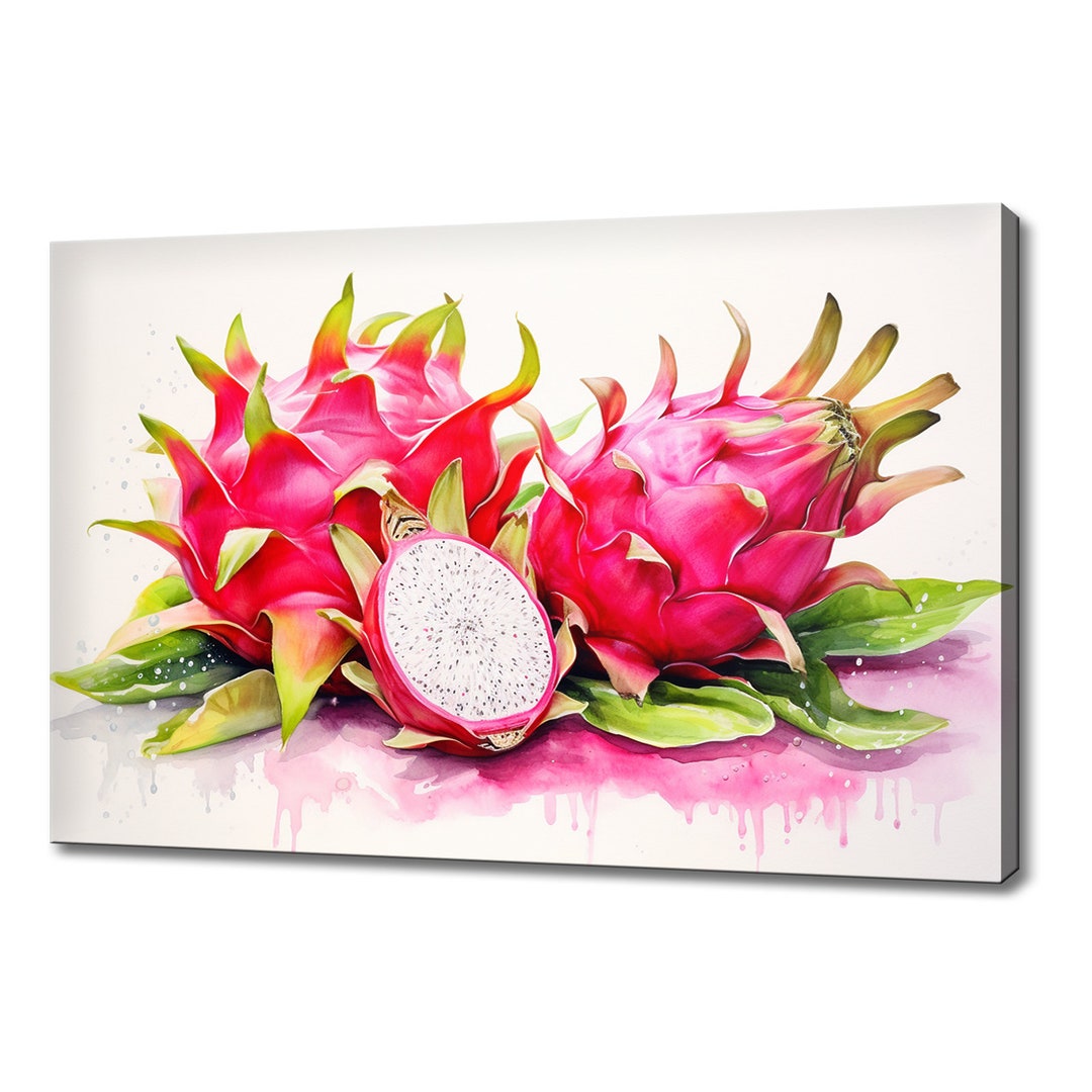 Tropical Dragon Fruit Watercolour Canvas Print, Colourful Kitchen Wall ...