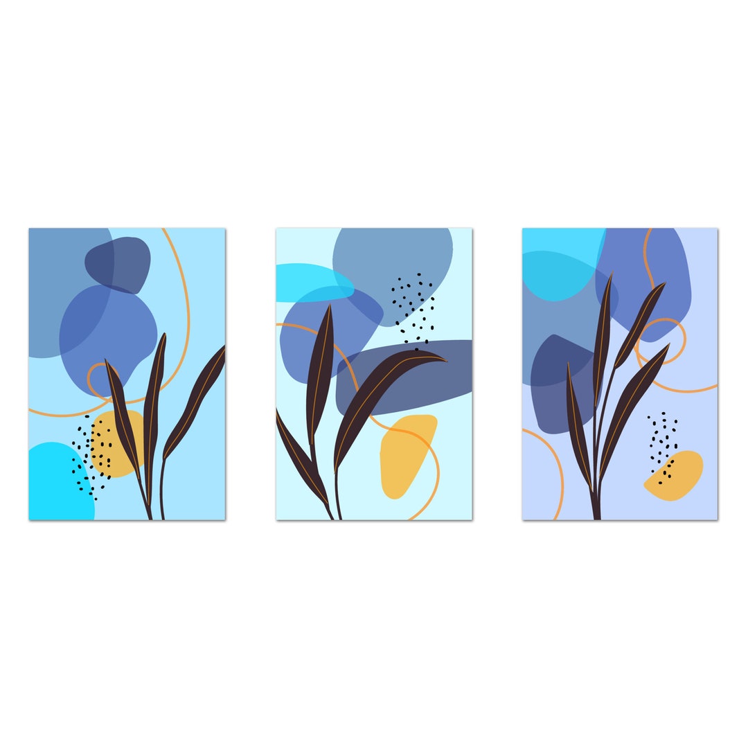 3er Set Abstrakte Pflanzenbilder, Botanische Blumen Kunst, Blau Lila Gelb 3er Set Panele Prints ...
