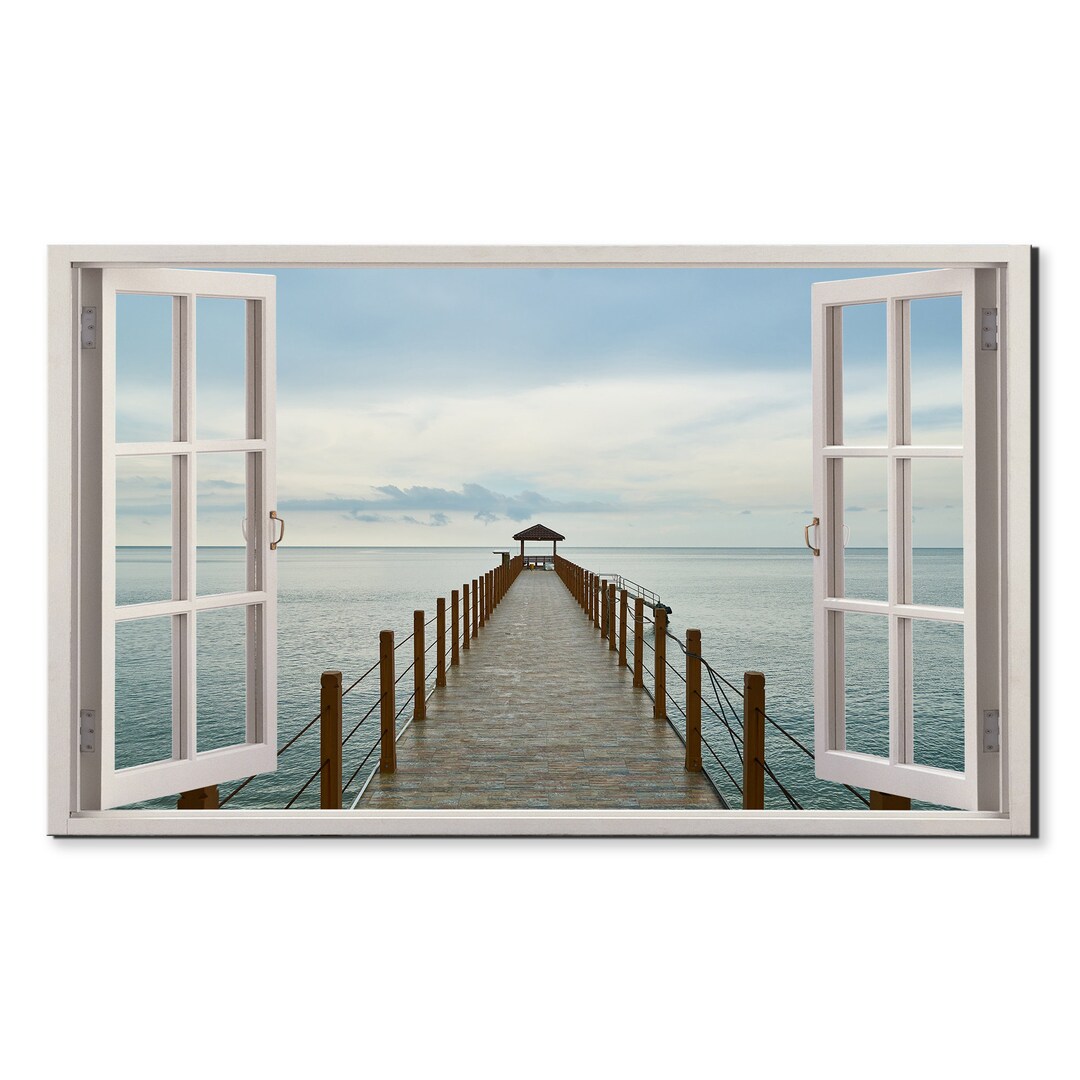 Lake Pier Wooden Dock Window View, Window Frame Style Modern Design ...