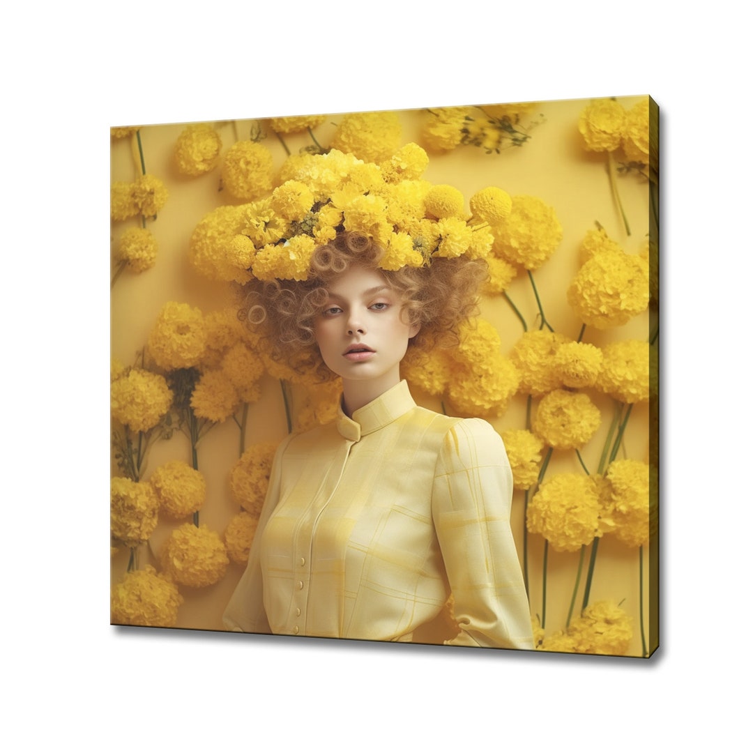 Beautiful Yellow Flowers Woman Head Canvas Print, Rococo Flowers Art ...