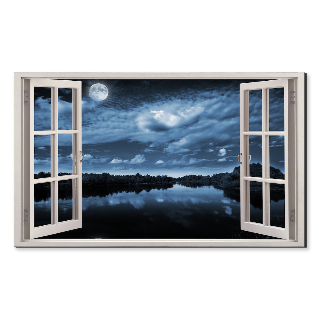 Moonlight Over the Lake Window View, Window Frame Style Modern Design ...
