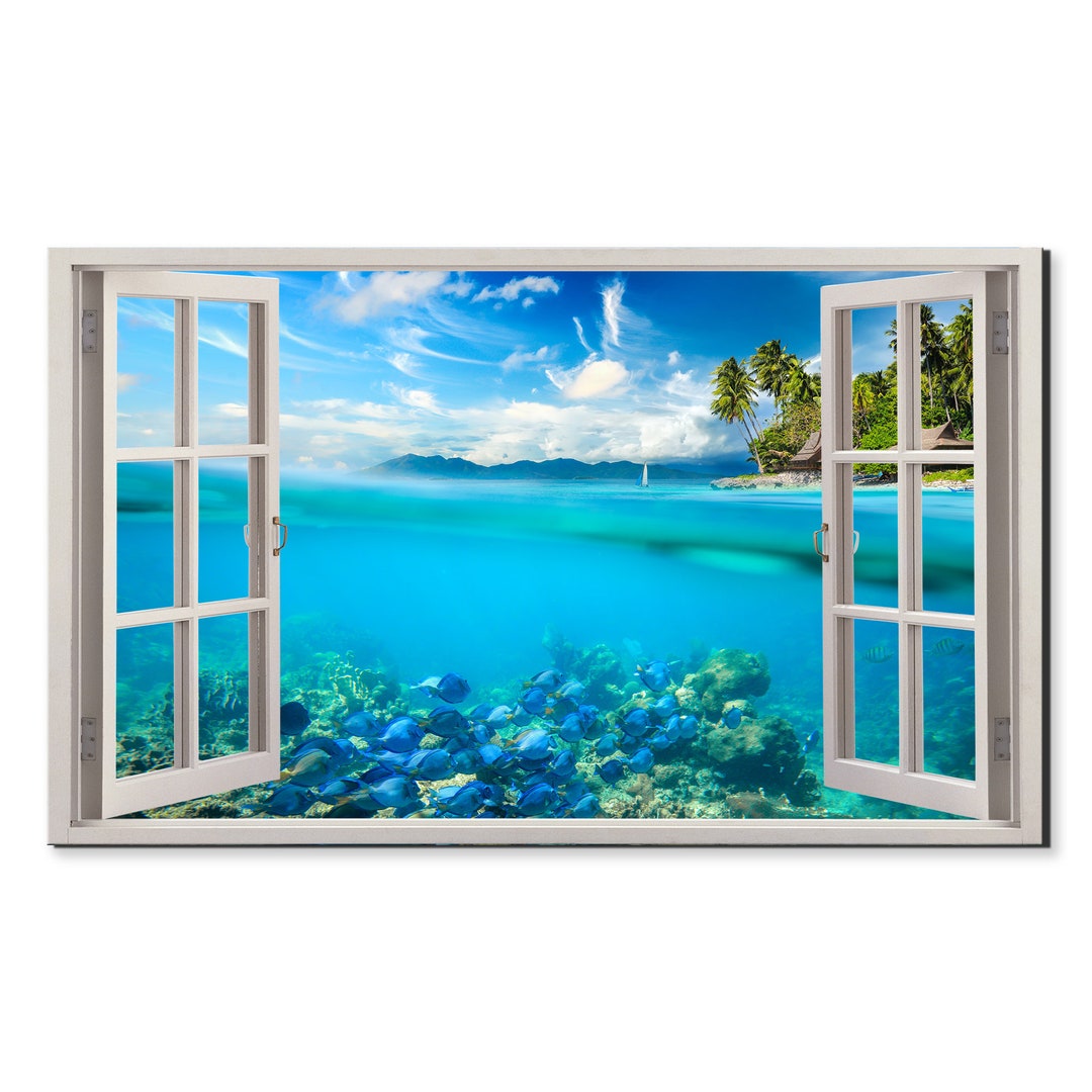 Tropical Fish in Blue Ocean Sunny Sky Window View, Window Frame Style ...
