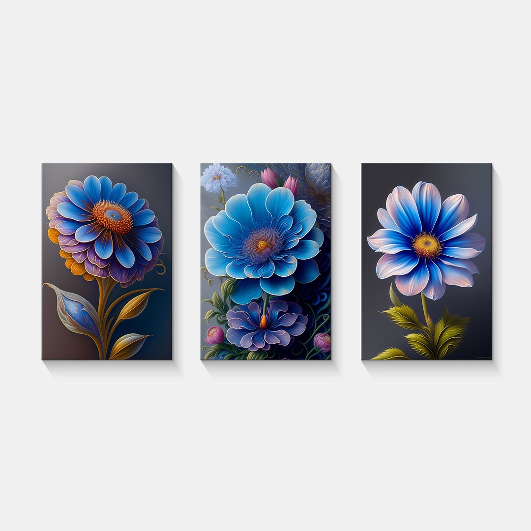 Beautiful Blue Flowers Set of 3 Panels Modern Floral Canvas Print Wall ...
