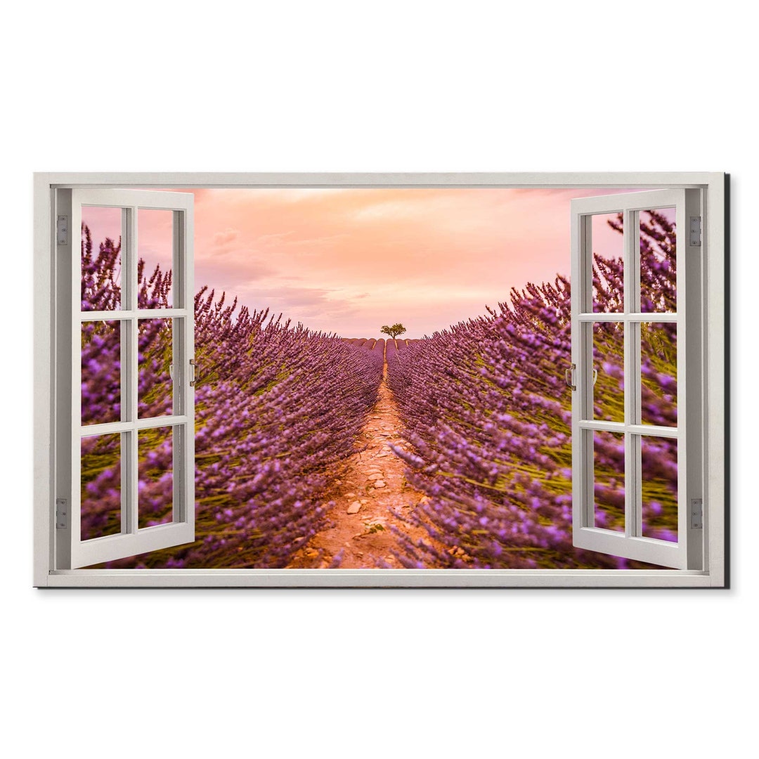 Lavender Fields Sunset Window View, Window Frame Style Modern Design ...