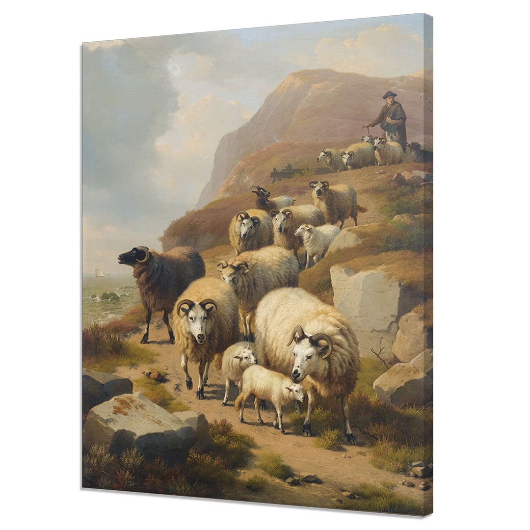 A Shepherd and His Flock 1871, Victorian Oil Painting Print, Sheep Ram ...