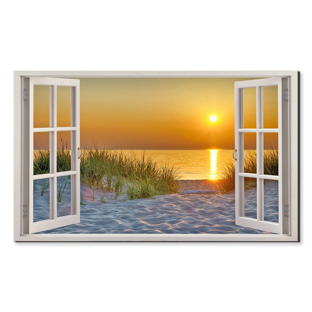 Beautiful Sunset Over the Lake Window View, Window Frame Style Modern ...