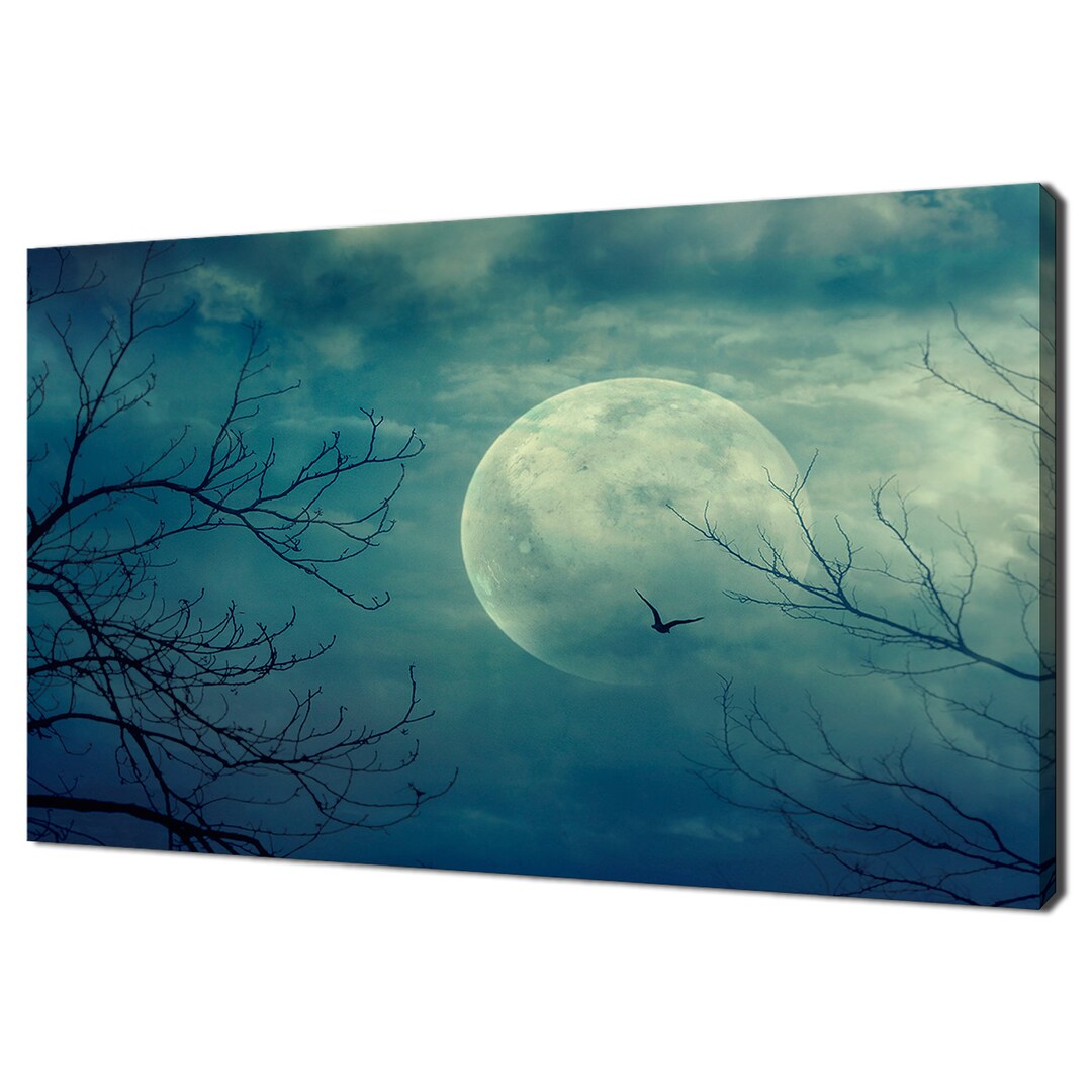 Vollmond über tote Bäume Fliegender Vogel Blauer Himmel Landschaft Modernes Design Wohnkultur ...