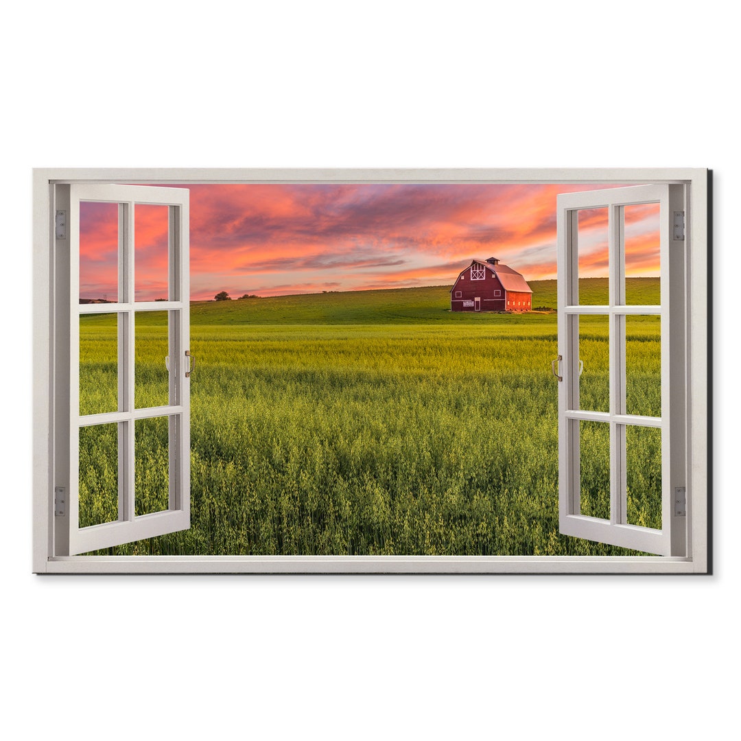 Red Barn in Grass Field at Sunset Window View, Window Frame Style ...